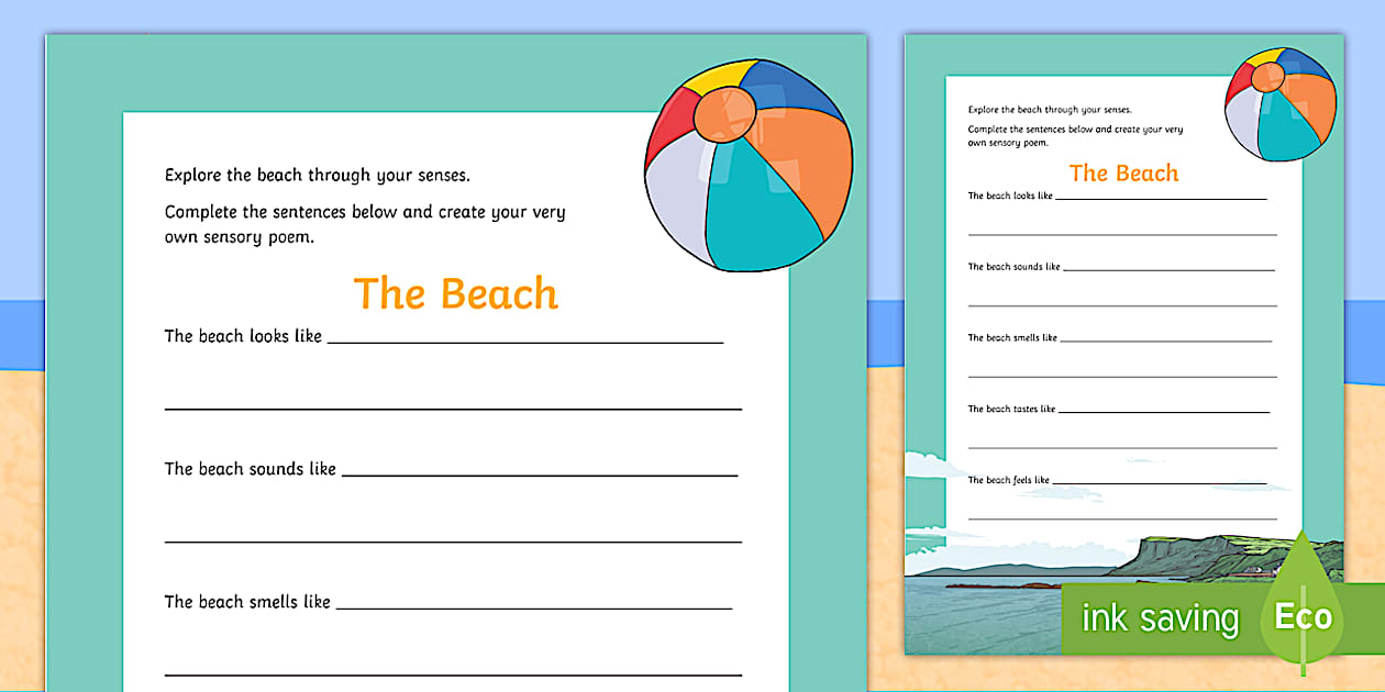Beach Poetry for Children - Beach Sensory Poem Worksheet