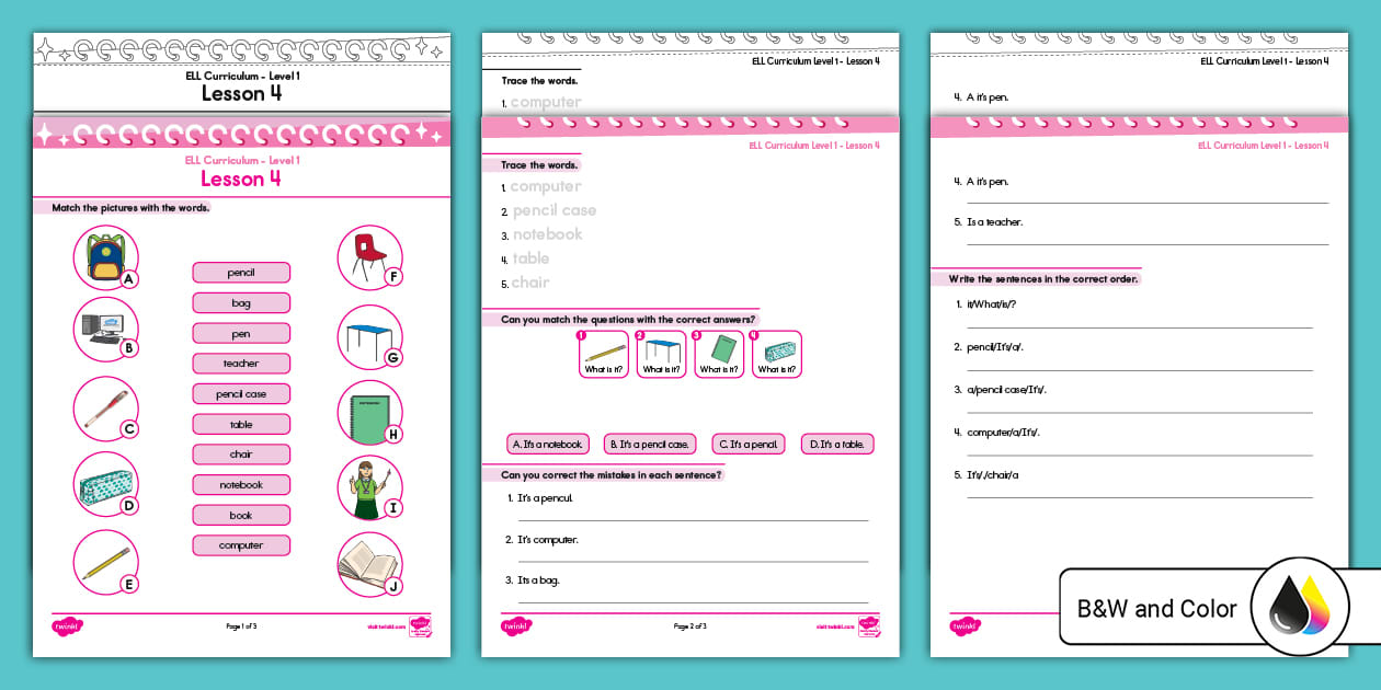 ELL Curriculum: Level 1, Lesson 4 Worksheet (teacher made)