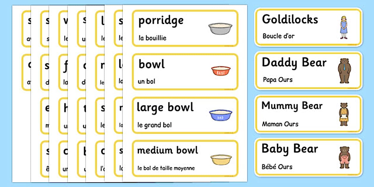 Goldilocks and the Three Bears Words Cards French Translation