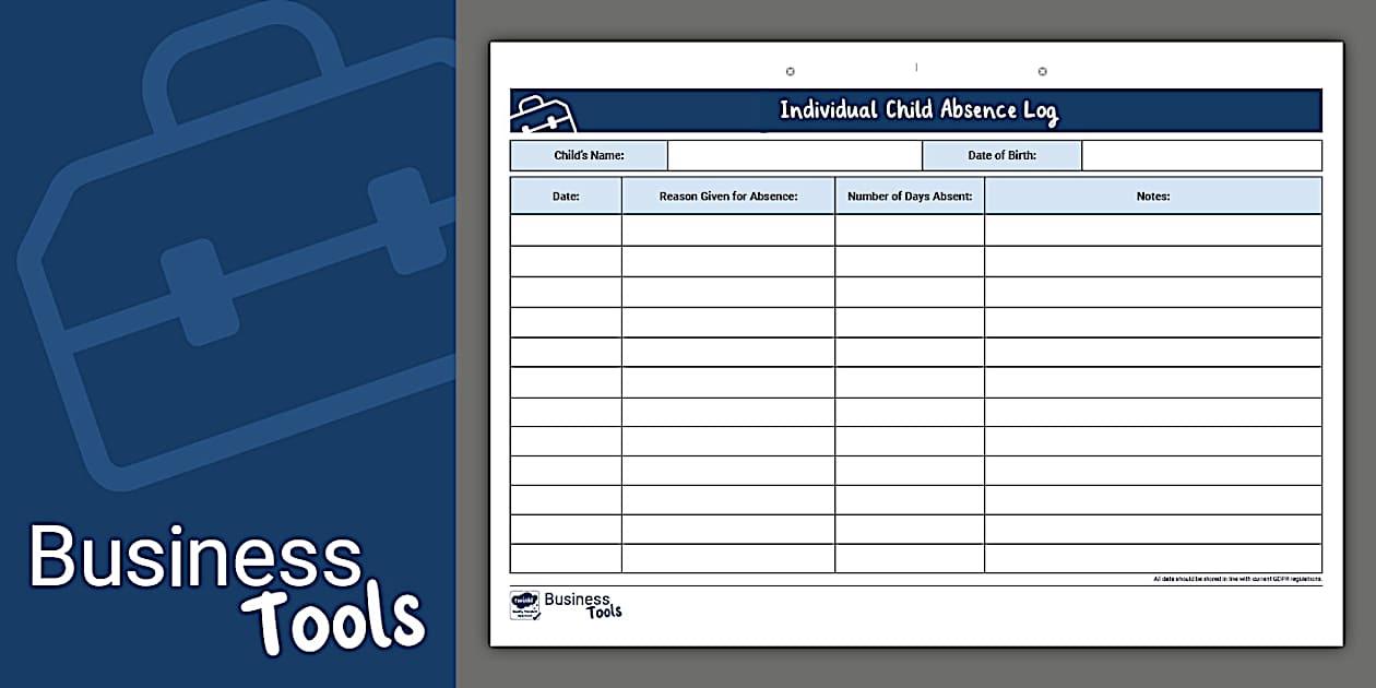 Individual Child Absence Log for Private Childcare Settings