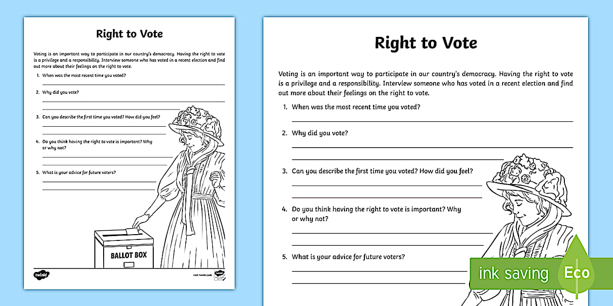 Right to Vote Interview Worksheet for 3rd-5th Grade - Twinkl