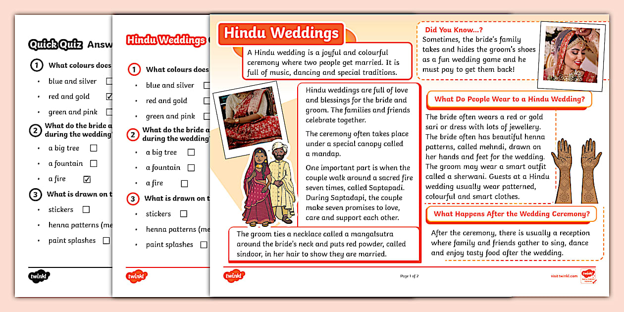 KS1 Hindu Weddings Fact File and Quick Quiz (teacher made)