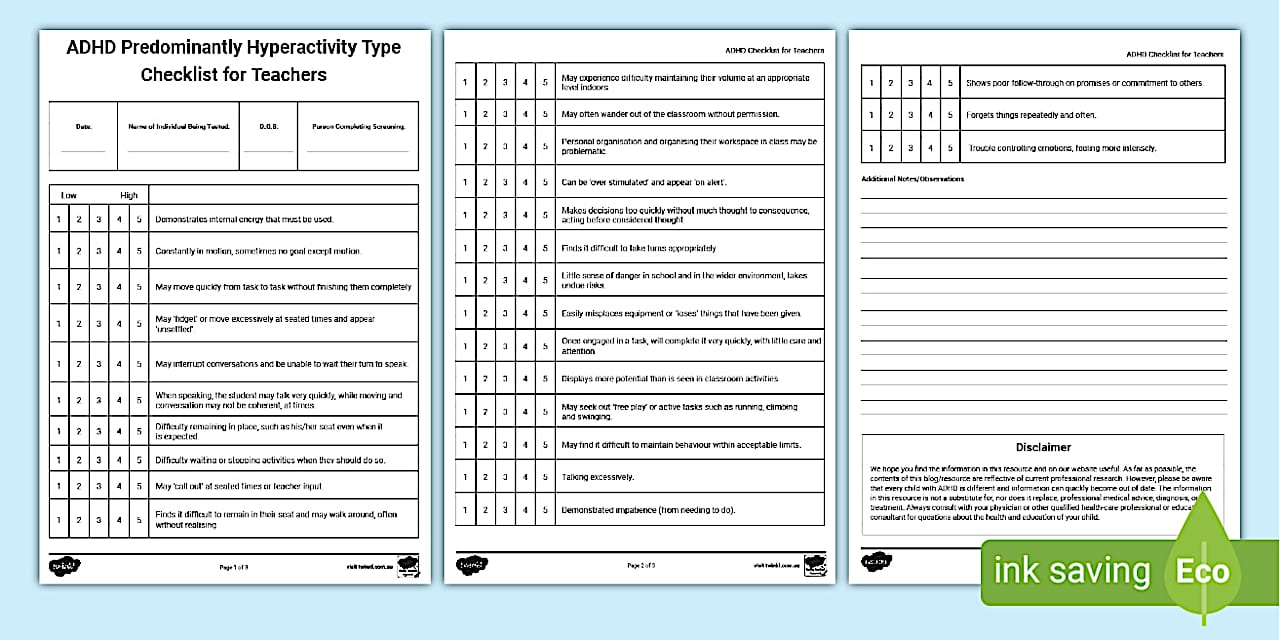 ADHD Checklist for Teachers (Australia) (teacher made)