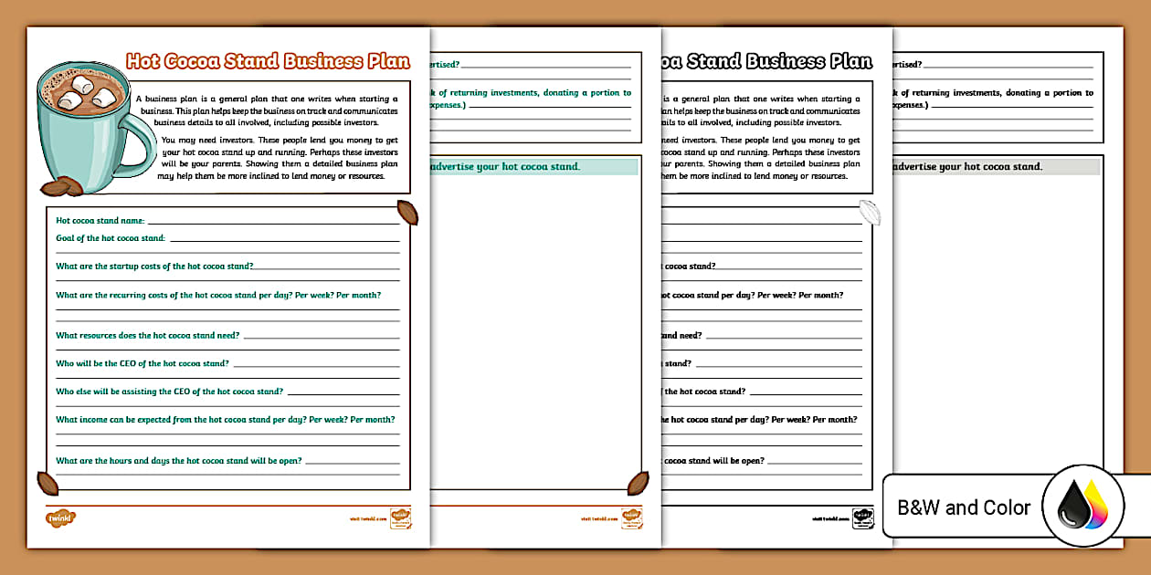 Hot Cocoa Stand Business Plan Worksheet for 3rd - 5th Grade