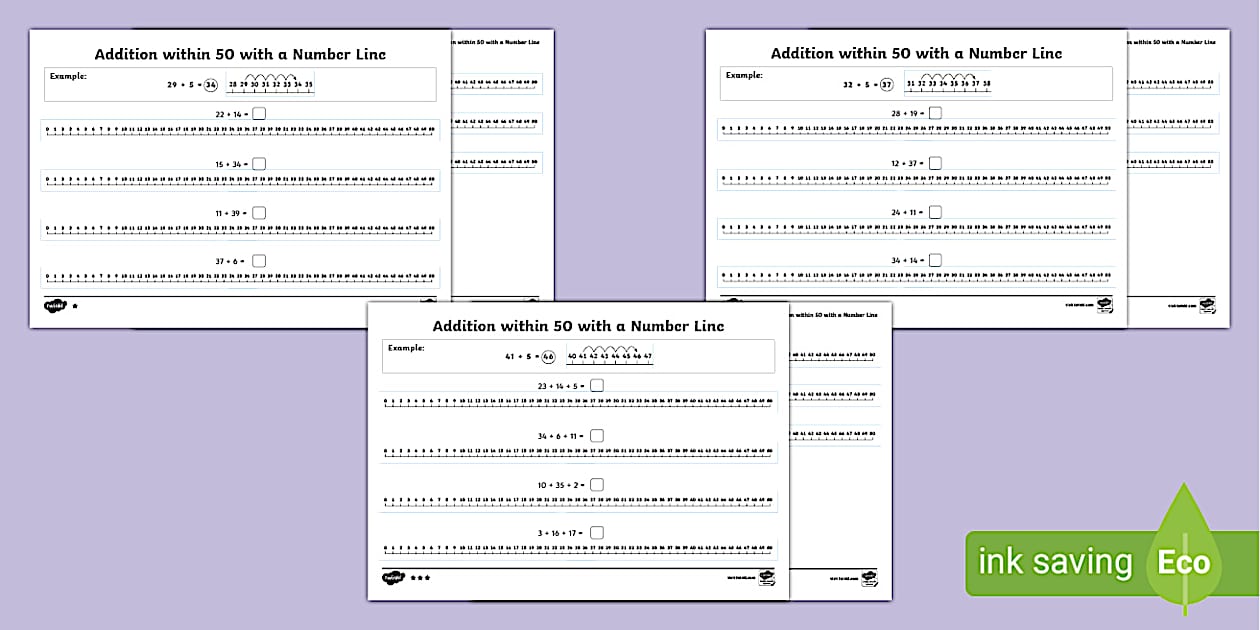 Addition within 50 with a Number Line Differentiated Worksheets