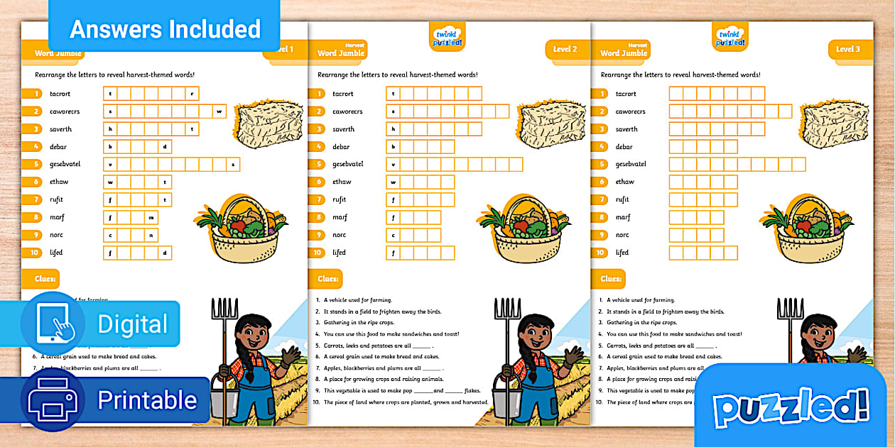 Fun Harvest Word Jumble Puzzle Pack - AL - Twinkl Puzzled