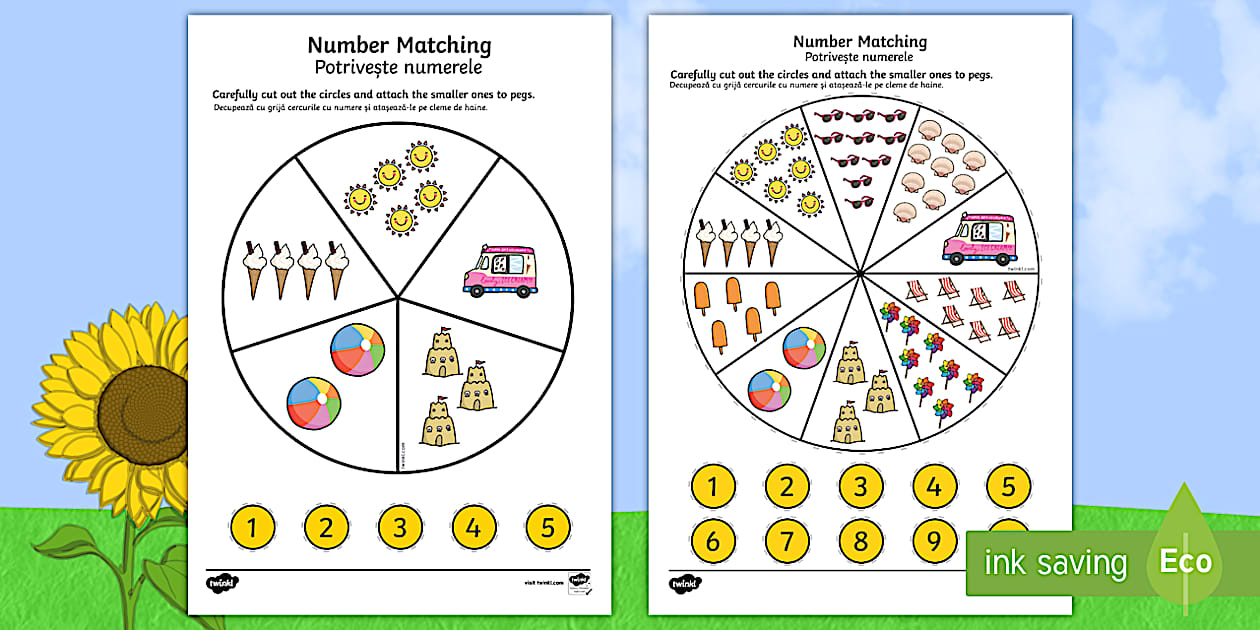 Number Matching Pegs Activity Summer Themed English/Romanian - Number ...