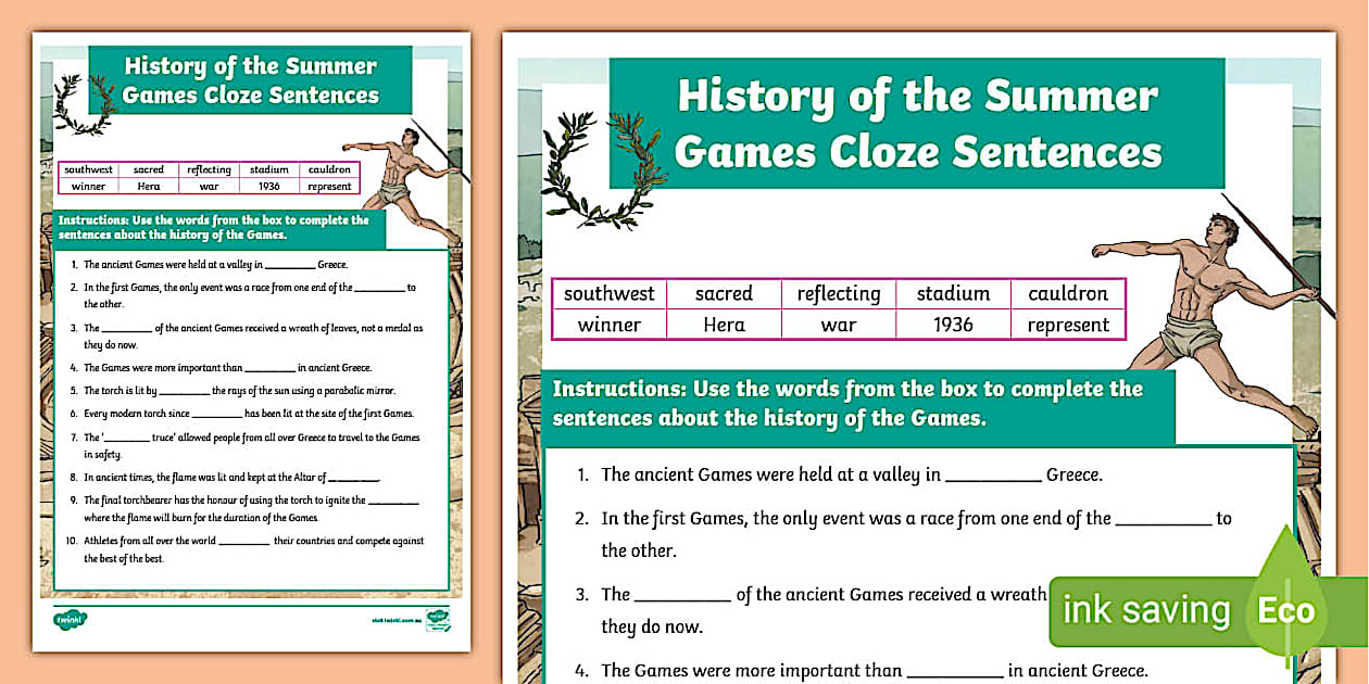History of the Summer Games Cloze Activity (teacher made)