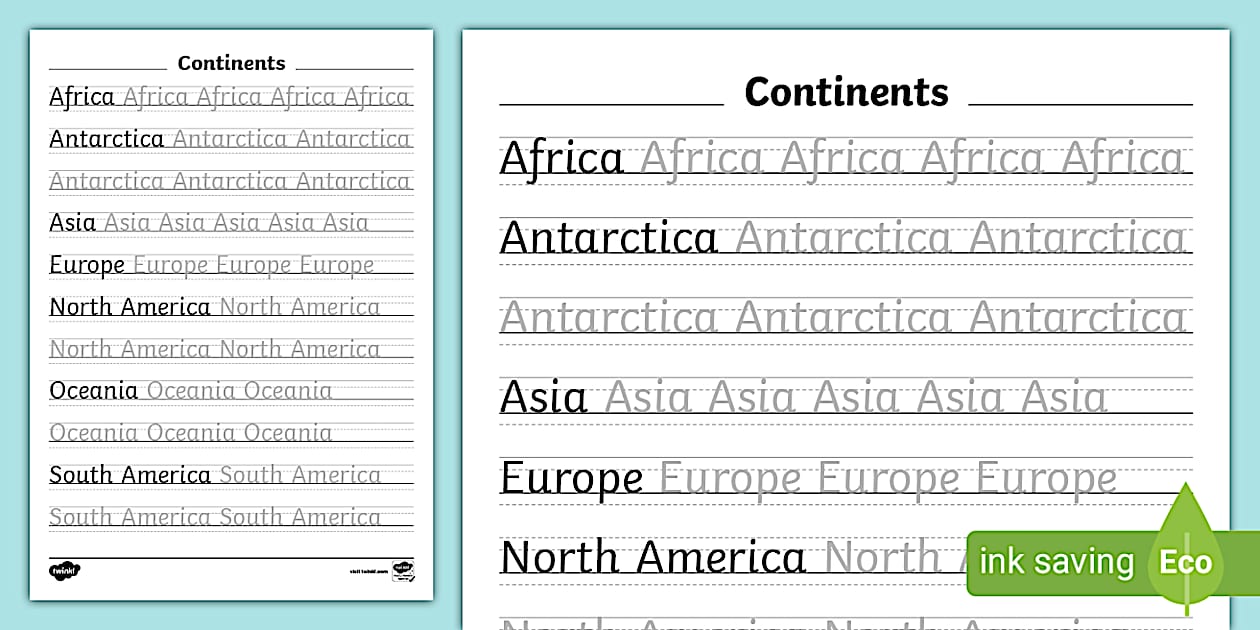 Continents Handwriting Practice (teacher made) - Twinkl