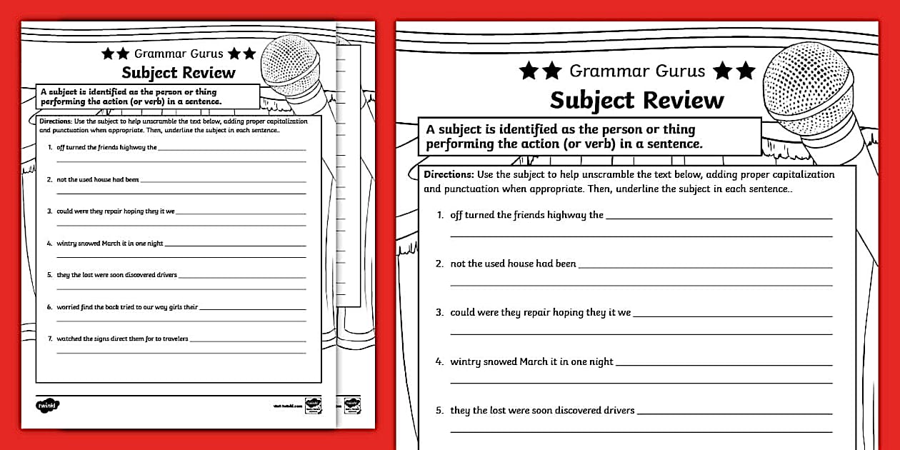 Grammar Gurus Subject Review Worksheet for 6th-8th Grade