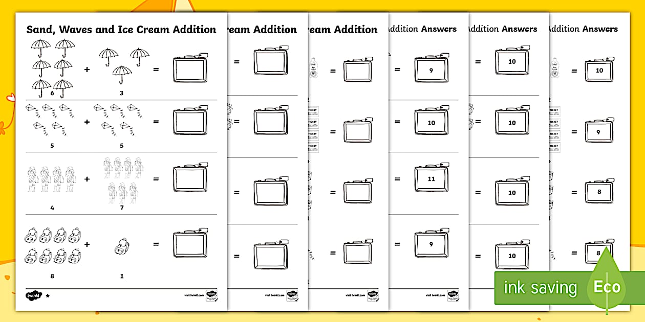 Sand, Waves and Ice Cream Addition Worksheet / Worksheet