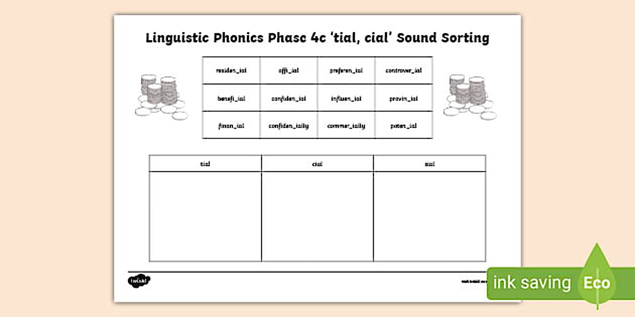 Linguistic Phonics Phase 4c 'tial, cial' Sorting Worksheet