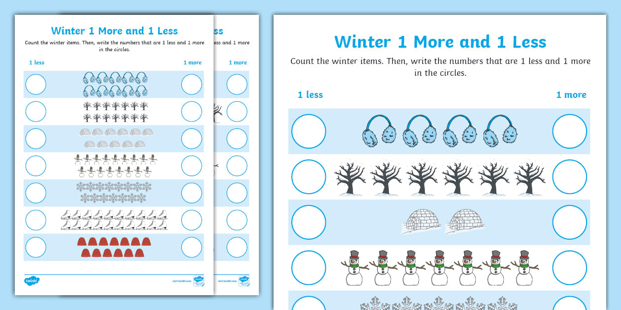 👉 Winter-Themed 1 More and 1 Less Worksheet - Maths - Twinkl