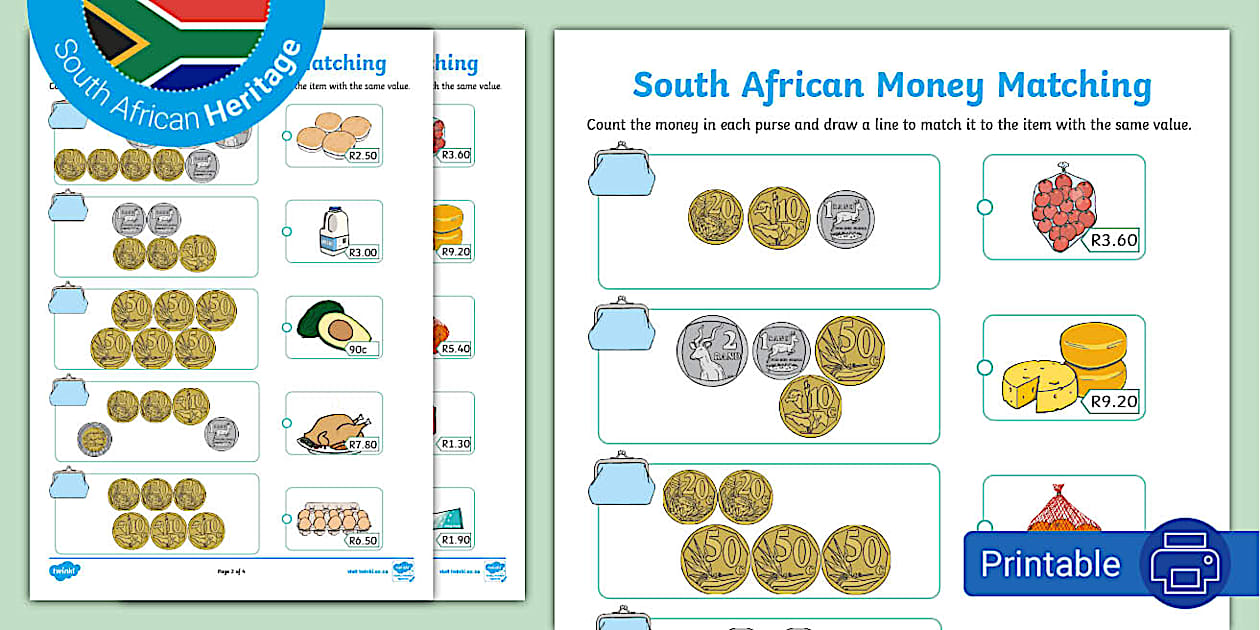 Coin Value Matching Worksheet - South Africa - Twinkl