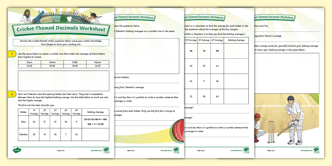 Cricket-Themed Decimals Worksheet for Years 5&6 - Twinkl