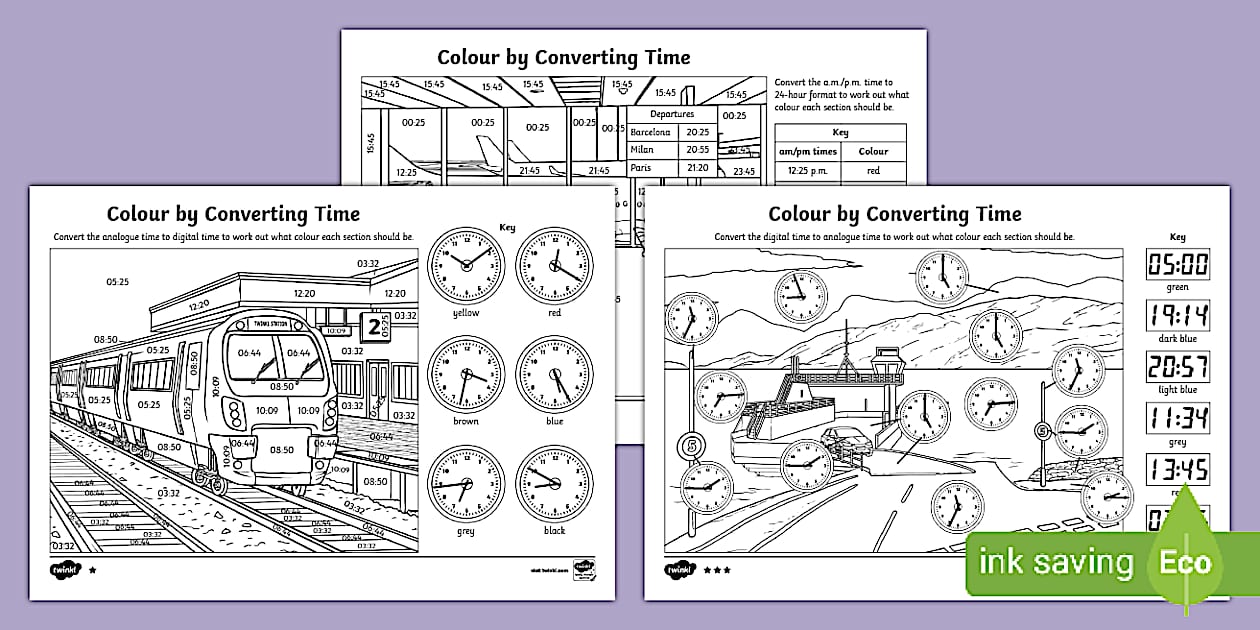 Converting Time Colouring Pages (Teacher-Made) - Twinkl