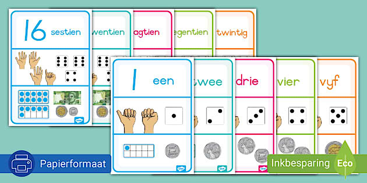 Ouderdom 5-8 Wiskunde - Getallelyn 1-20 SA Geld - Plakkate (KABV-belyn)