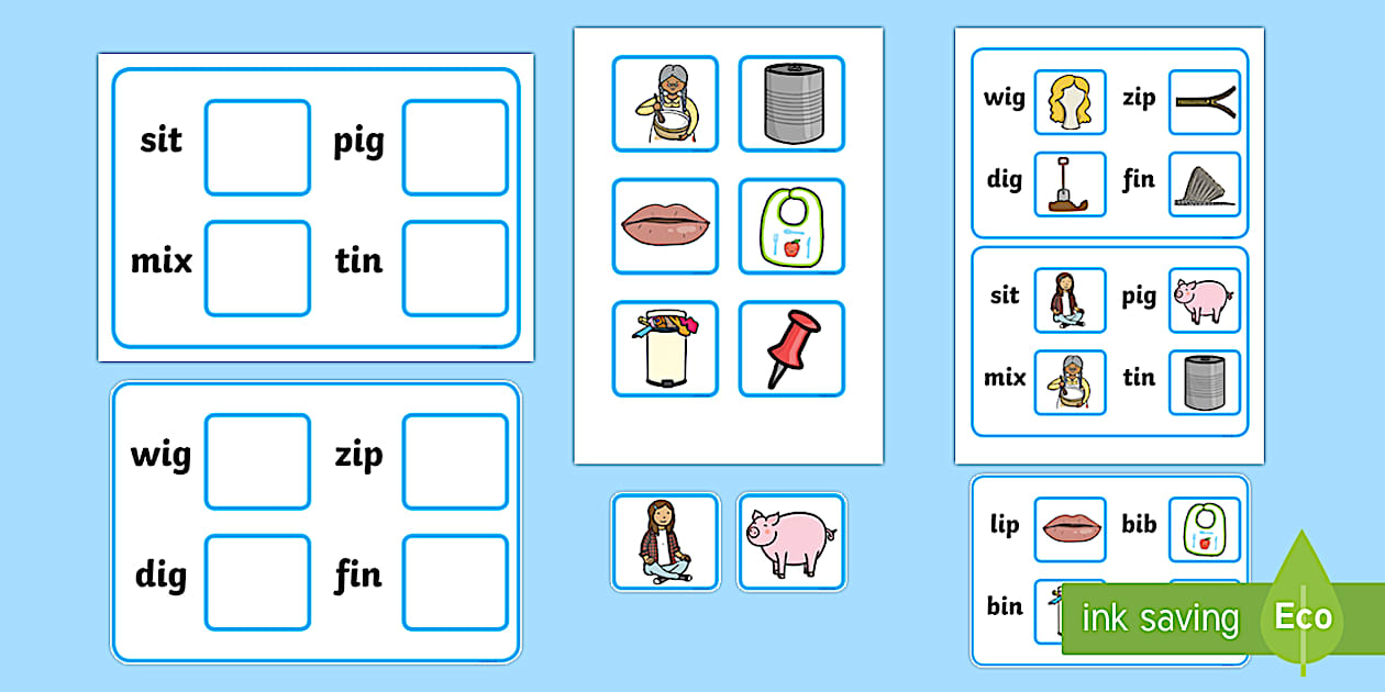 Workstation Pack: Picture to CVC (i) Four Word Matching Activity Pack