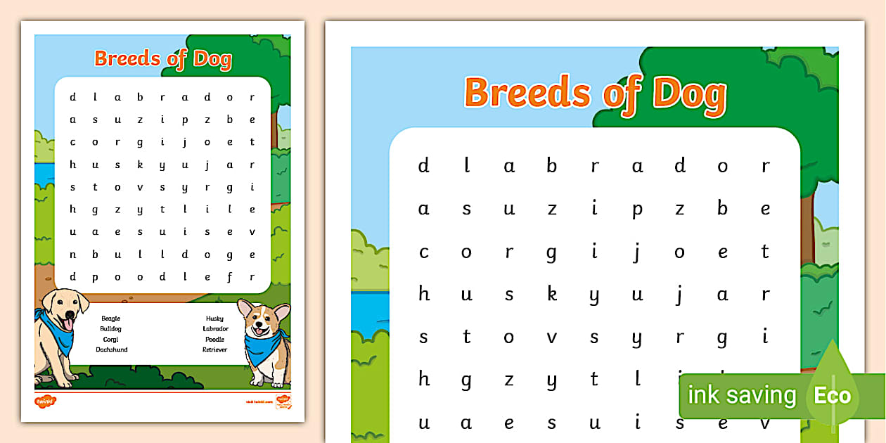 Breeds of Dog Word Search,dog word search (teacher made)