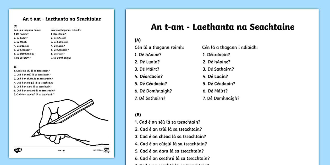 Laethanta na Seachtaine agus Míonna na Bliana bileoga oibre