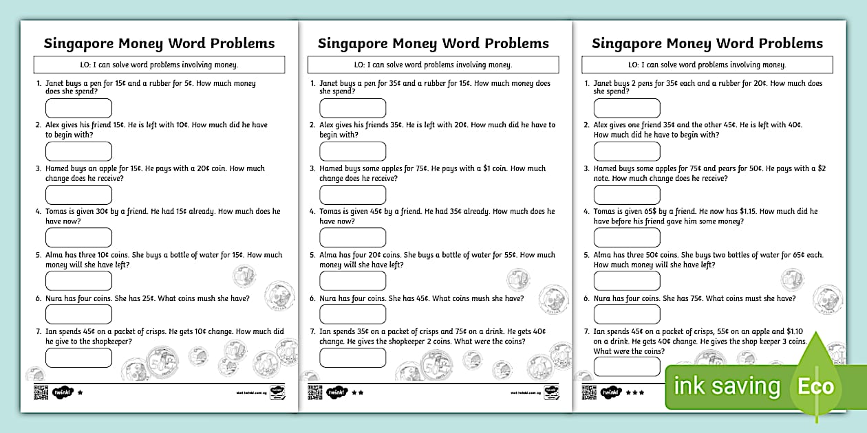 Singapore Money Word Problems Worksheet (profesor hizo)