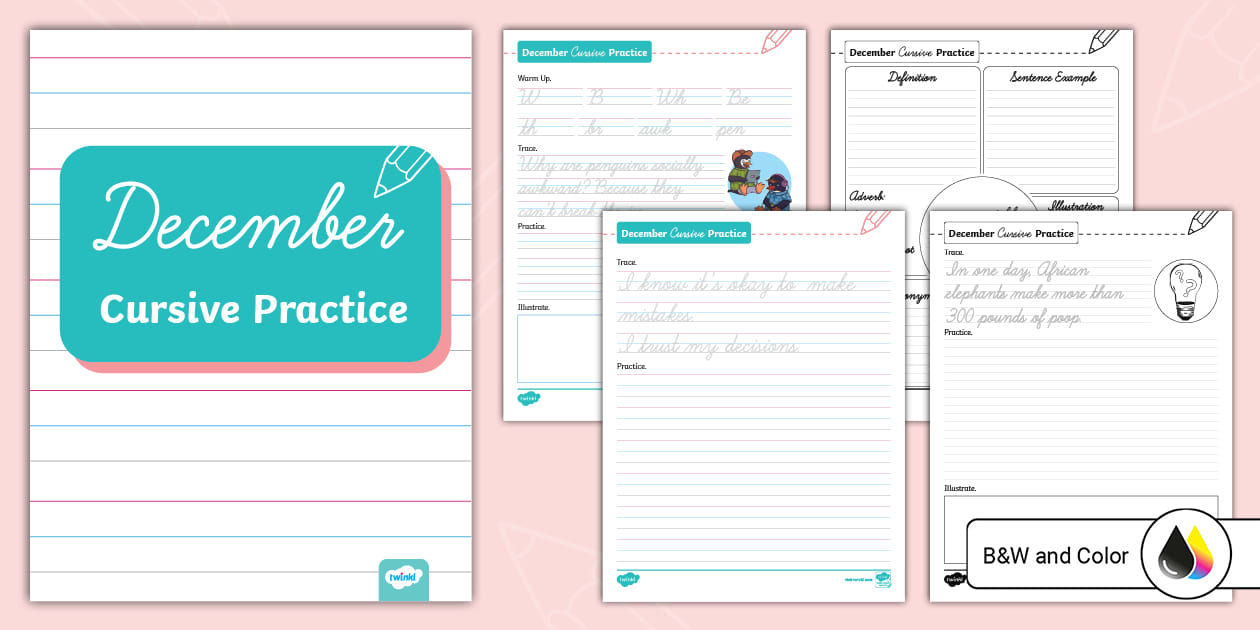 Fourth Grade December Cursive Practice Bundle (teacher made)