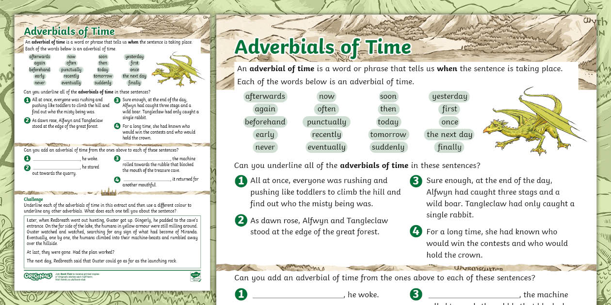 KS2 Adverbials of Time Differentiated Worksheet (KS2 Fantasy Story 'The
