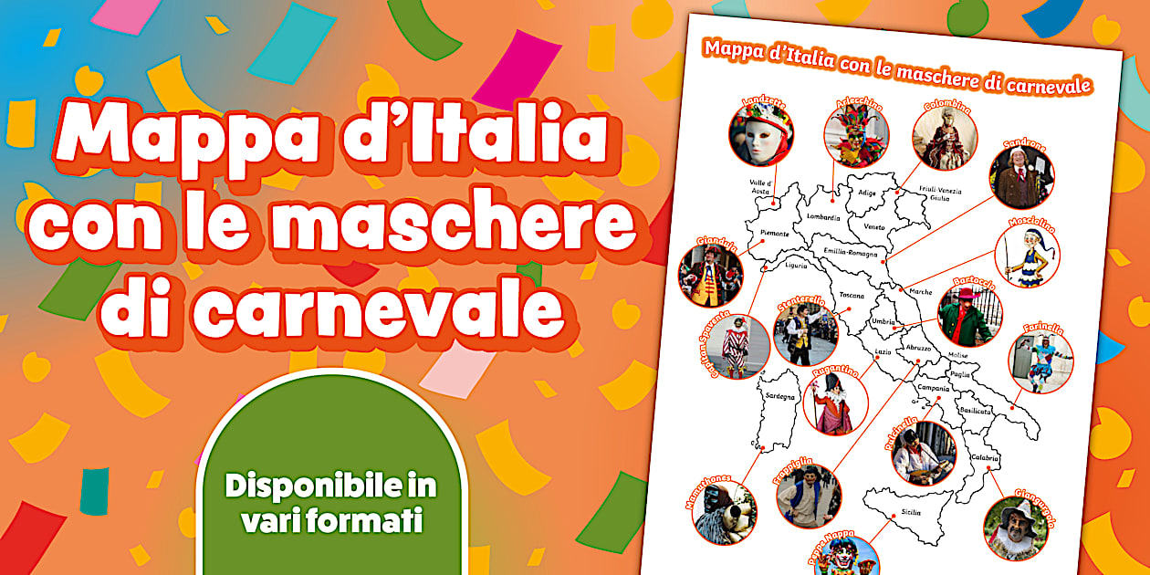 Mappa d'Italia con le maschere di carnevale