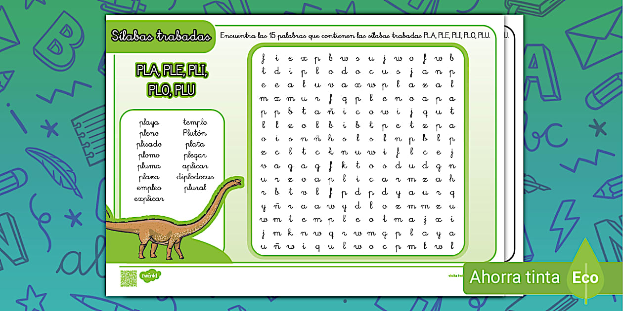 Sopa de letras: Sílabas trabadas PLA, PLE, PLI, PLO, PLU