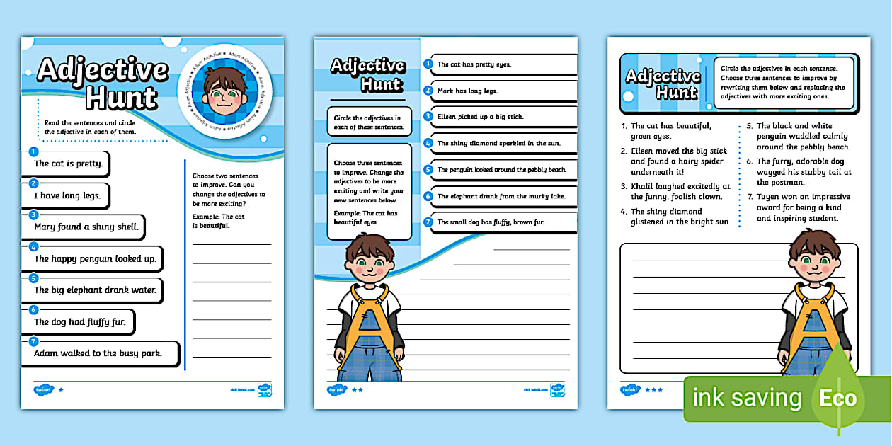 Cursive Finding Adjectives Worksheet (teacher made) - Twinkl