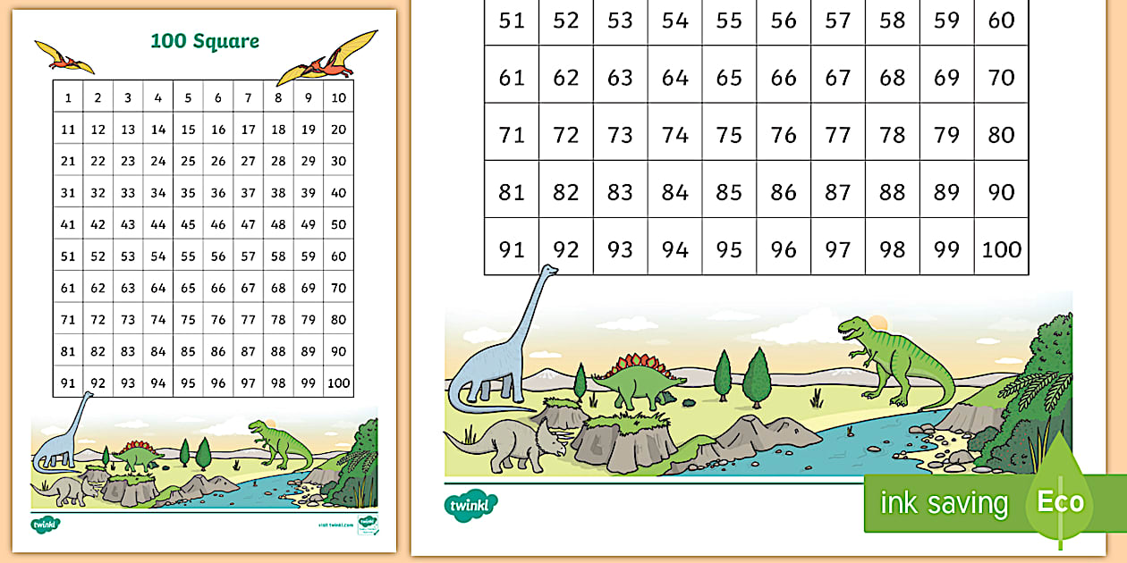 Dinosaur-Themed 100 Number Square (Teacher-Made) - Twinkl