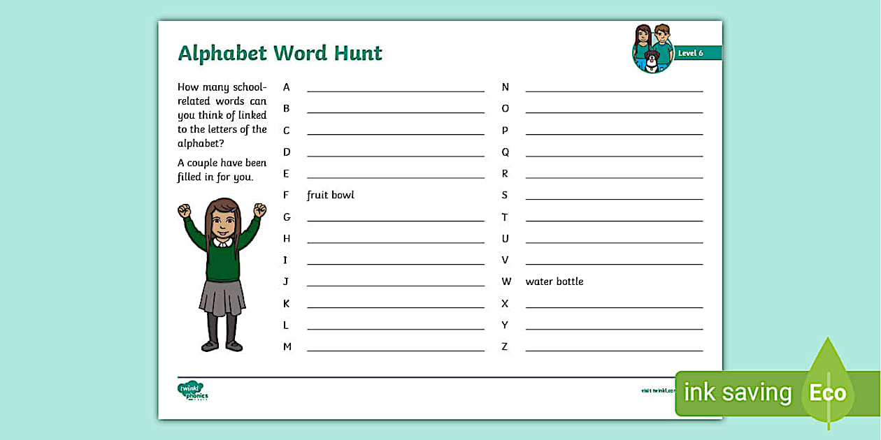 Level 6 Back to School Alphabet Word Hunt (teacher made)