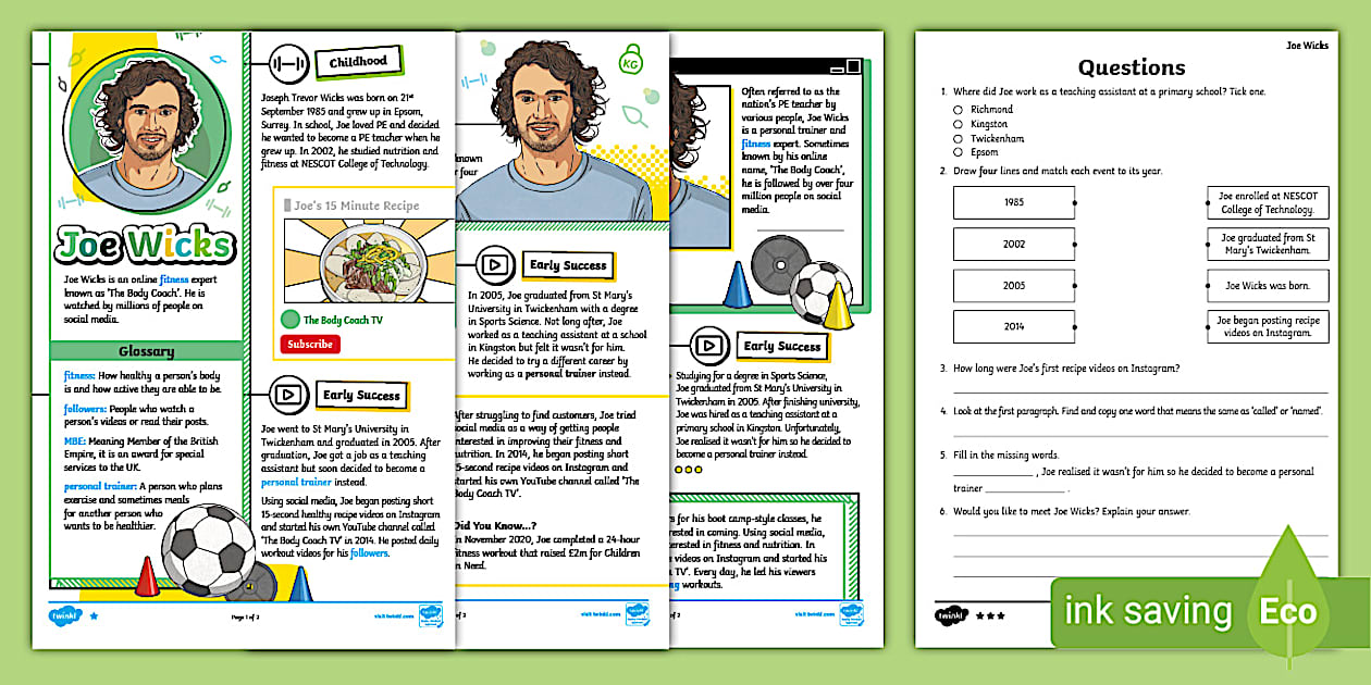 LKS2 Joe Wicks Differentiated Reading Comprehension Activity