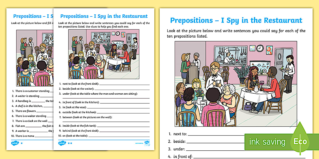 Cursive Prepositions I Spy in the Restaurant Worksheets
