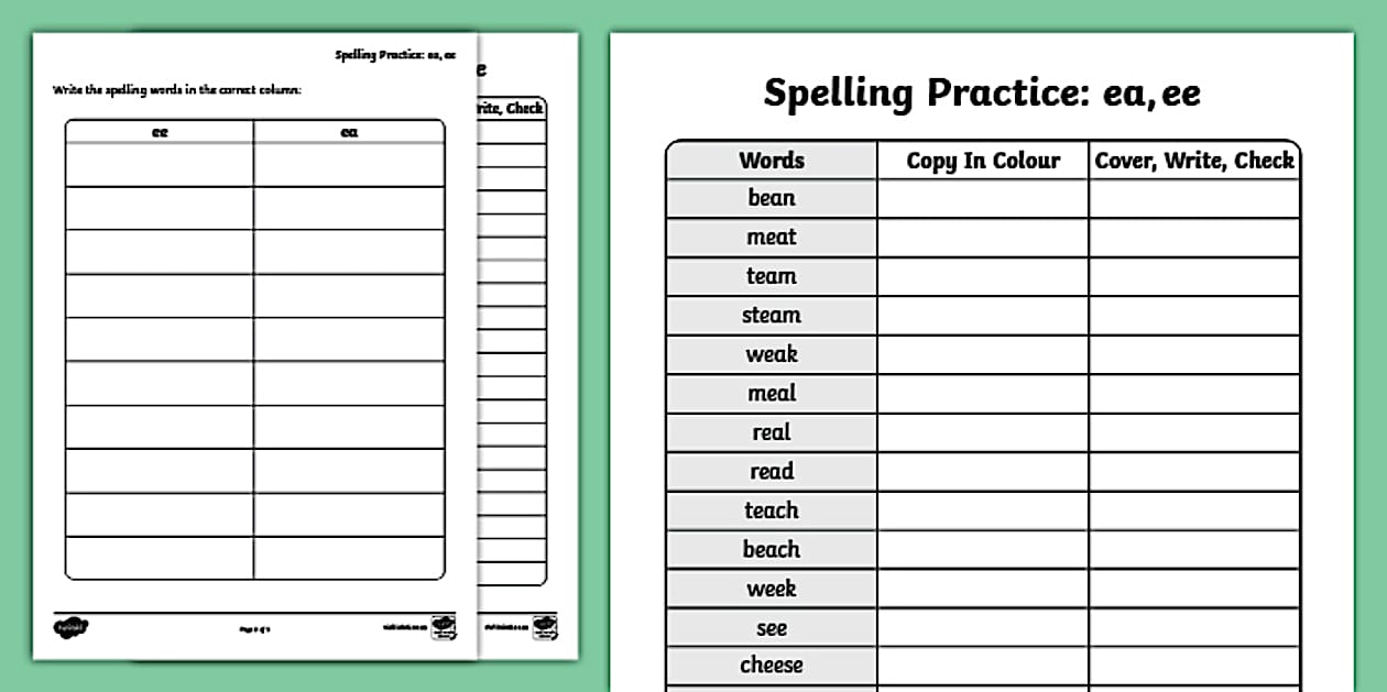 Grade 3 Eng Phonics ea, ee Spelling Practice Sheets (CAPS)