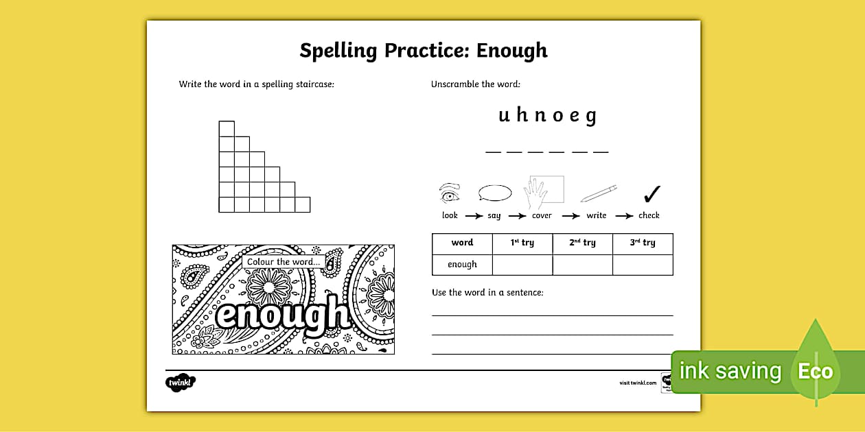 Enough Spelling Practice Worksheet (teacher made) - Twinkl
