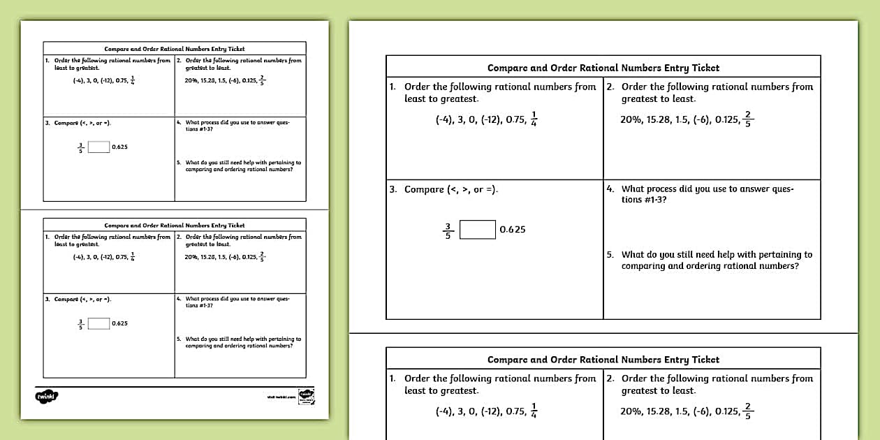 Seventh Grade Compare and Order Rational Number Entry Ticket