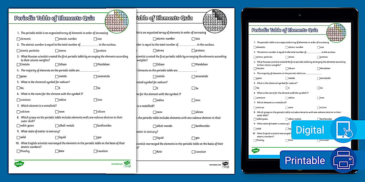 Periodic Table of Elements Quiz for 6th-8th Grade - Twinkl