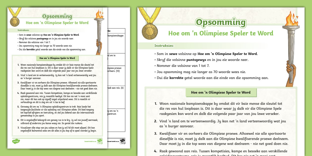 Opsomming - Hoe om 'n Olimpiese Speler te Word - Twinkl