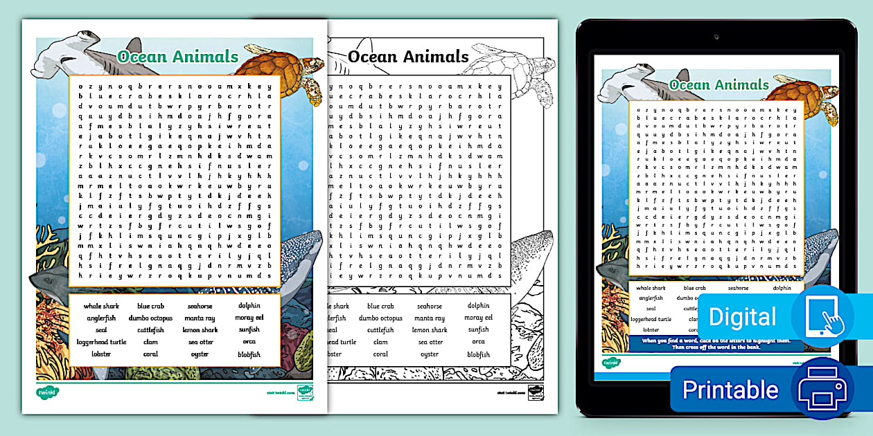 Ocean Animals Word Search for 6th-8th Grade - Twinkl