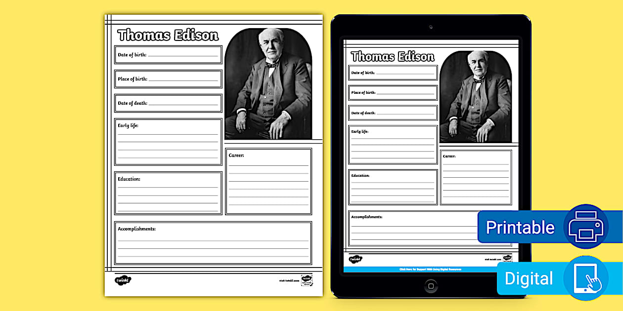 All About Thomas Edison Research and Write Activity Worksheet for 3rd-5th