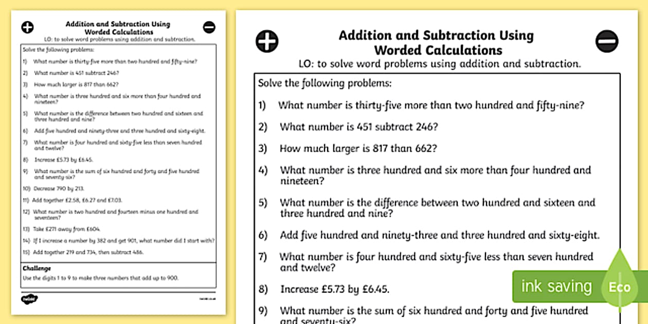 Editable Addition and Subtraction Using Worded Calculations Year 3 Question