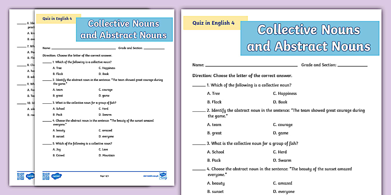 Grade 4 English Quiz - Collective nouns and Abstract nouns