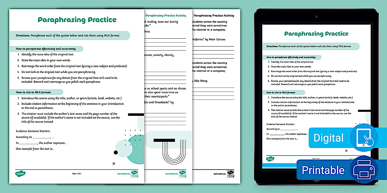 Paraphrasing Practice Worksheet for 6th-8th Grade - Twinkl