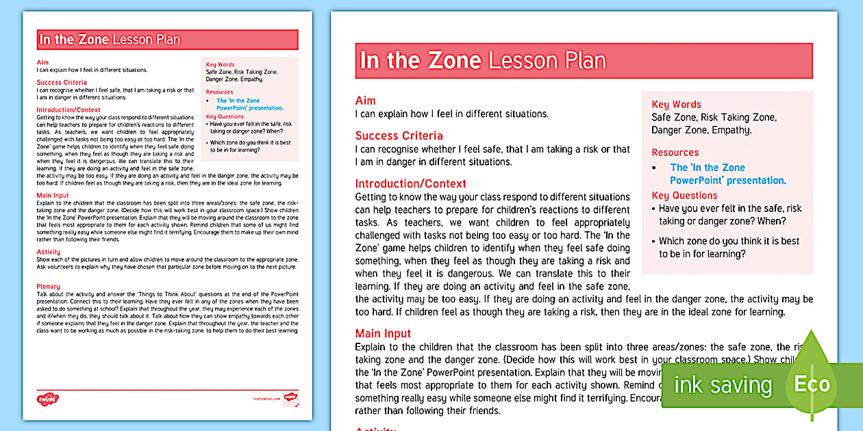 In The Zone Lesson Plan (teacher made) - Twinkl