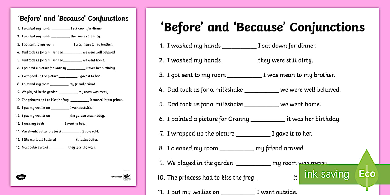 'Before' and 'Because' Conjunctions Worksheet / Worksheet