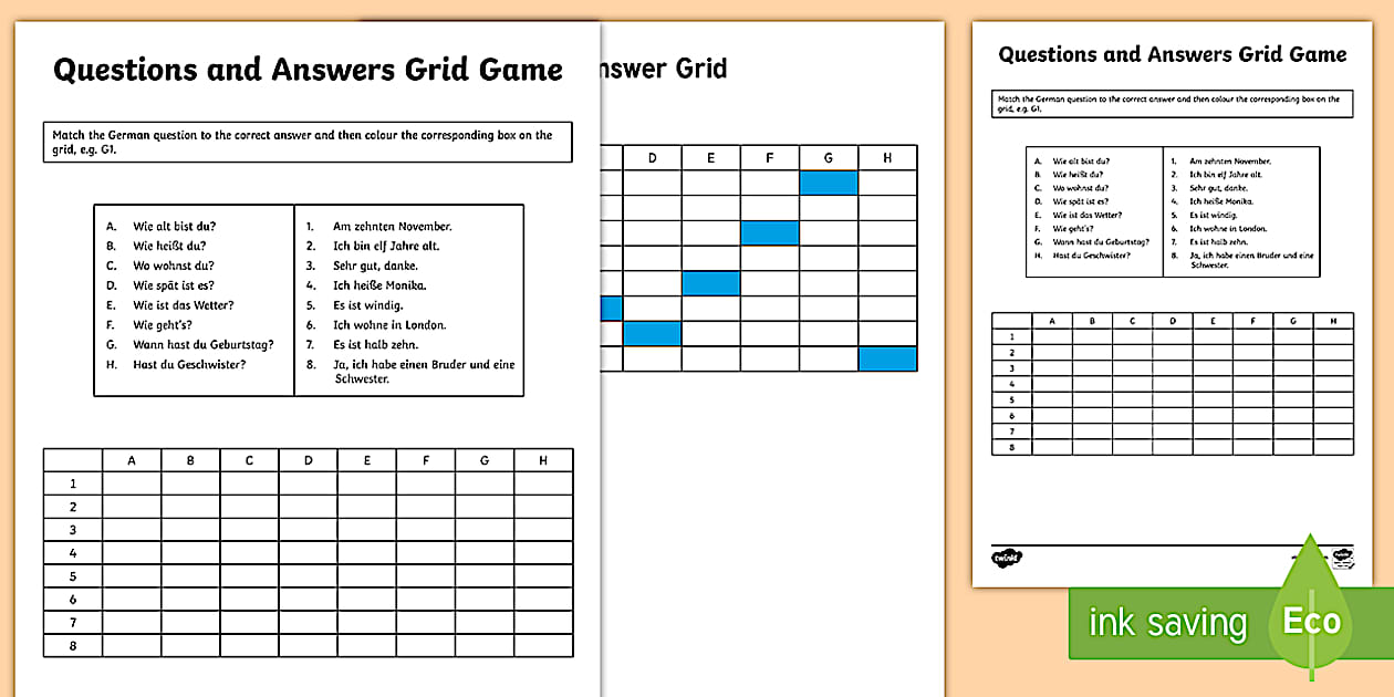 Questions and Answers Grid Game Worksheet / Worksheet German