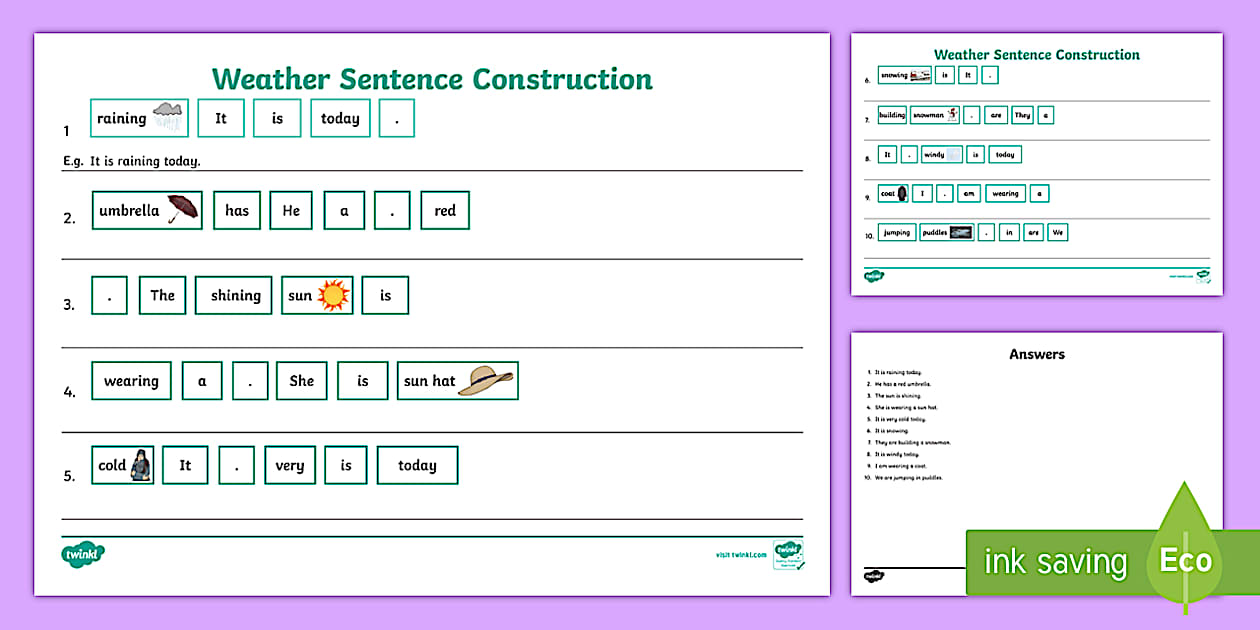 Editable Weather Sentence Construction Worksheet - Twinkl