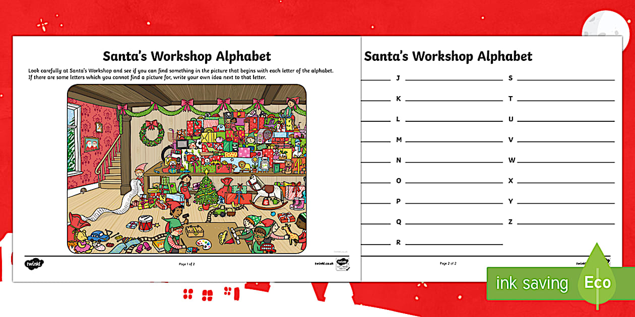 Black and White KS1 Santa's Workshop Alphabet Worksheet