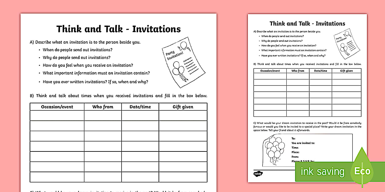 Think and Talk Invitations Worksheet / Worksheet - Twinkl